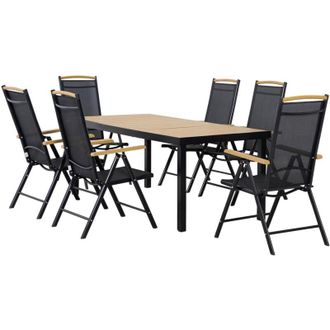 OUTSUNNY Ensemble table de jardin 6 personnes - chaises pliables inclinables accoudoirs - alu textil&egrave;ne noir plastique effet bois
