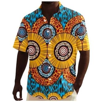 Generic Chemise &agrave; manches courtes pour homme style traditionnel africain Dashiki d&eacute;t&eacute; hawa&iuml;en vacances &agrave; fleurs Ankara, bleu, XXL