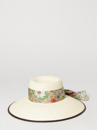 Gucci Chapeau Panama en raphia avec ruban en twill de soie fleuri