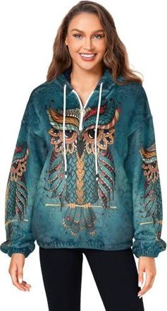 HMZXZ Sweat à capuche en polaire pour femme et fille, motif hibou, bleu et orange, fermeture éclair 1/4, multicolore, M