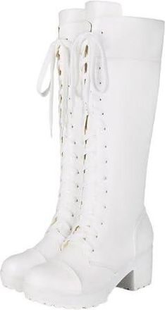Generic Bottes déquitation montantes doublées de fausse fourrure pour femme - Chaussures gothiques à lacets et bout rond, blanc, 37.5 EU