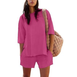 Generic Costume décontracté de couleur unie pour femme avec haut fendu et short, ensemble dété 2 pièces pour femme, ensemble de détente athlétique assorti, ro
