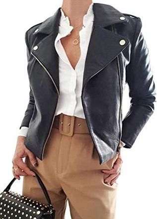 ORANDESIGNE Perfecto Femme Simili Cuir Fermeture &eacute;clair Mode d&eacute;contract&eacute; Femme Vestes Noir L