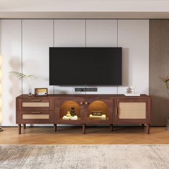 Generic LZPUOUI TV Schrank Holz 180 cm Lang Mit LED Beleuchtung F&uuml;r Fernseher Bis 80 Zoll Rattan Schubladen Glas T&uuml;ren 8 Beine H&ouml;henverstellbar Lowboard Stehe