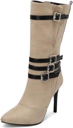 Generic Bottes tendance &agrave; enfiler pour femme - Bout pointu - Talon haut - Mi-mollet - Chaussures dhiver d&eacute;contract&eacute;es, beige, 39.5 EU