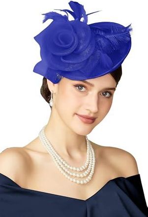 Babeyond Chapeau bibi pour femme avec plumes et fleurs en maille - Chapeau &eacute;l&eacute;gant avec pince &agrave; cheveux pour mariage, f&ecirc;te, cocktail, bleu roi, taille unique