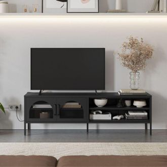 DRAWER Meuble TV en m&eacute;tal noir avec 2 portes en treillis 160x35x50H Diora