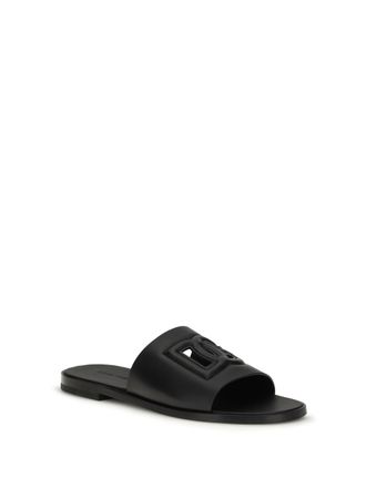 Dolce & Gabbana Mens Embossed Logo Sandals Nero Calf Leather Bos Taurus