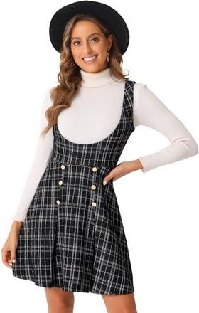 Allegra K Robe Chasuble en Tweed Femme Boutons Décoratifs Col en U Mini Robe Trapèze Robe Salopette à Carreaux Noir Blanc XL