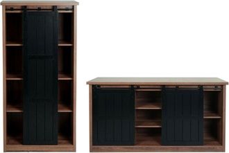 Hhg Wohnzimmerset aus Schrank und Sideboard 165, Schiebetüre Staufächer, Holz-Optik Industrial Metall braun