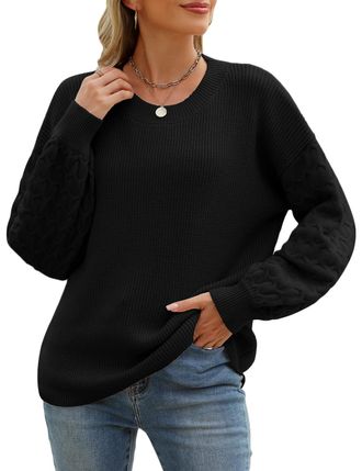 Heekpek Damen Pullover Herbst Winter Elegante Rundhals Langarm Strickpullover Warme Weich Winterpullover Damenpullover Lose Strick Pullover, Schwarz, XL