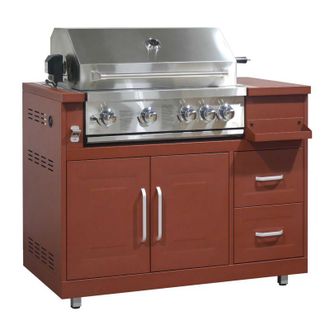 Oviala Meuble barbecue gaz 4 br&ucirc;leurs et r&ocirc;tissoire cuisine ext&eacute;rieure brique