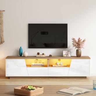 Generic TV Schrank Weiss mit mit led licht konzept und geordnetem stauraum funktionales lowboard stehend mit klarer linienfuehrung als moderner fernsehtisch F