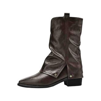 Generic Bottes pliantes pour femme, bottes courtes et souples &agrave; bout pointu &agrave; enfiler pour &eacute;quitation, bottes de motard pliables, mi-mollet, grosses talons ba