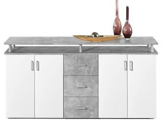 M&ouml;belando Highboard Kommode Standschrank Sideboard Anrichte Beistellschrank Lyndy I Beton/T&uuml;ren Wei&szlig;