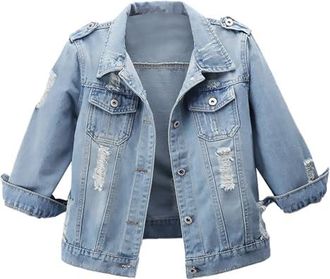Generic Paillettes Fille Femmes Automne Manches 3/4 Rétro Veste en Denim Court Bleu Clair Jean Manteaux Femme Veste en Jean avec Sweat à Capuche, bleu, 5XL