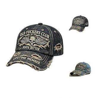 Generic Old Fuckers Club Casquette de baseball vintage vieilli - Chapeau de papa en denim d&eacute;lav&eacute; avec cr&acirc;ne, boucle r&eacute;glable, style brod&eacute;, Cowboy Noir, Taille