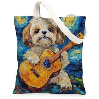 Generic Shih Tzu Sac fourre-tout en toile pour faire du shopping Motif chien 33 x 38,1 cm Motif guitare nocturne &eacute;toil&eacute;e Sac &agrave; bandouli&egrave;re r&eacute;utilisable pour f