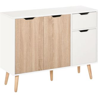 HOMCOM Homcom - Buffet design scandinave 2 placards tiroir coulissant pieds bois massif pin panneaux particules blanc ch&ecirc;ne clair
