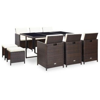 vidaXL 11-tlg. Garten-Essgruppe mit Auflagen Poly Rattan Braun vidaXL