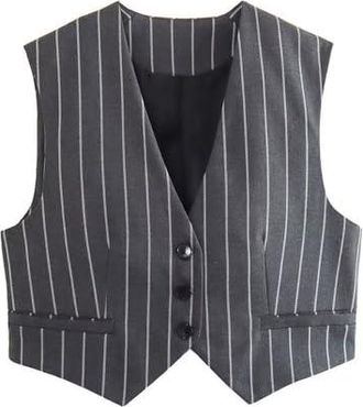 Generic Vestes pour femmes 2026 &agrave; la mode courte sans manches &eacute;l&eacute;gante col en V boutonn&eacute;e veste pour un usage quotidien &eacute;l&eacute;gant tenue d&eacute;contract&eacute;e, gris, XS