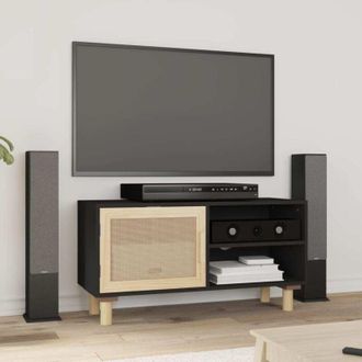 vidaXL Vidaxl - Meuble TV noir 80x30x40 cm en bois de pin massif et rotin naturel - 3 compartiments de rangement - Capacit&eacute; de charge 70 kg