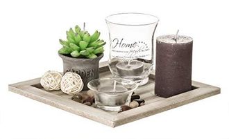 Out of the Blue ootb Objet de D&eacute;coration/Assiette Carr&eacute; Naturelle en Bois avec Porte-Bougie, Bougies et Pierres D&eacute;coratives