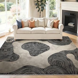 Generic Tapis &agrave; Motif Lignes Abstraites Courbes Grand Antid&eacute;rapant &agrave; Poils Courts Doux Chambre Poil Ras de Sol Noir, 160 x 230 cm