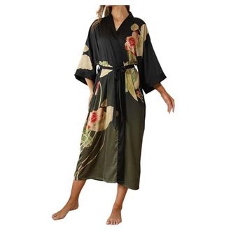 Generic Peignoir kimono luxueux en satin floral pour femme, sensation de fra&icirc;cheur, manches 3/4, v&ecirc;tements de nuit, vert fonc&eacute;, Taille unique