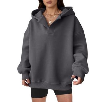 Generic Sweat &agrave; capuche surdimensionn&eacute; pour femme, col en V, polaire, manches longues, parfait pour lautomne et lhiver, gris fonc&eacute;, XXL