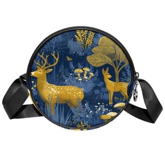 Generic Sac &agrave; bandouli&egrave;re rond pour femme, motif cerf, champignon, for&ecirc;t, petit sac &agrave; bandouli&egrave;re avec fermeture &eacute;clair, bretelles r&eacute;glables, sac &agrave; main rond 
