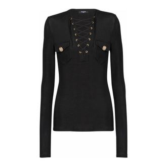 Balmain Lang&auml;rmeiges Top mit Schn&uuml;rung - - Tops - Damen - Schwarzk - M