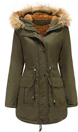 Generic 2026 Vestes pour femmes hiver automne et ample &agrave; capuche avec cordon de serrage couleur longue manteau solide, vert militaire, S