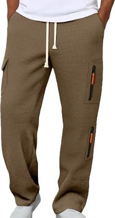 Generic Pantalon de surv&ecirc;tement pour homme - Motif gaufr&eacute; - Pantalon de jogging multi-poches - Jambe droite - Couleur unie - Taille &eacute;lastique avec cordon de s