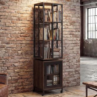 Mendler B&uuml;cherregal HWC-P13, Standregal Drehregal, Rollen drehbar T&uuml;r, Metall Industrial Melamin MVG 162x40x42cm - Dunkelbraun