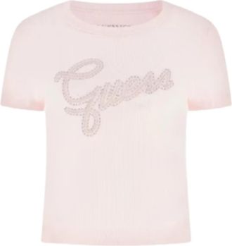 Guess Studs Script Tee - - Tops - Damen - Rosa - M