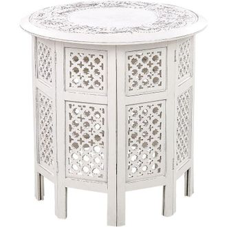 Beliani Beliani - Table dAppoint Blanc Cassé en Bois de Manguier Ronde à Base Ajourée Style Rétro Elara