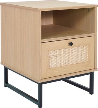 Flash Furniture Malaki Mid-Century Moderner Nachttisch, Beistelltisch mit Schublade und offenem Regal, Rattan-Akzent-Beistelltisch mit Metallbeinen, Natur