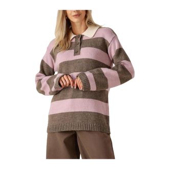 Modstr&ouml;m Brauner Gestreifter Polo Pullover - - Knitwear - Damen - Mehrfarbig - L