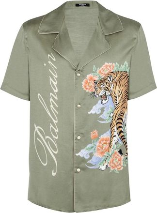 Balmain Kurzarm-Satinhemd mit Tiger-Print - - Shirts - Herren - Gr&uuml;n - 3XL