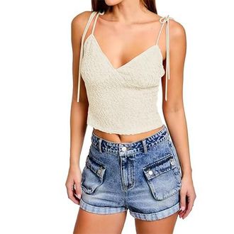 Generic D&eacute;bardeur spaghetti pour femme - Noir - Court - D&eacute;bardeur de sport ample - &Eacute;l&eacute;gant - Col en V - Haut d&eacute;t&eacute; sexy - Camisole - Sans manches - Coton - Cou