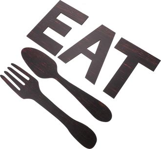 Cabilock 5 St&uuml;ck Teiliges Holzbuchstaben wanddekor Eat mit Gabel und L&ouml;ffel Rustikale K&uuml;chendekoration H&auml;ngend Braun Langlebiges Haushalts Wohnaccessoire