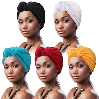 Dreshow 5 St&uuml;cke Afrikanischen Turban f&uuml;r Damen Soft Vorgebunden Knot Mode Plissee Turban Hut M&uuml;tze Kopfwickel Schlafm&uuml;tze