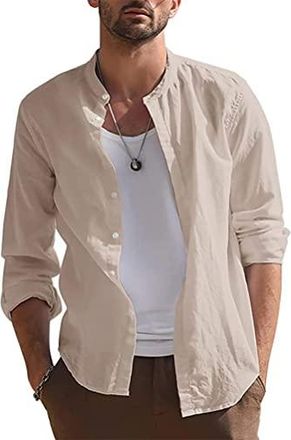 Onsoyours Homme Chemise en Coton Manches Longues Boutons de Couleur Unie Henley Chemise Vintage Classique Mode Casual Plage Chemise Hawaienne A Kaki XXL