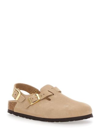 Birkenstock Womens Beige Mule With Front And Back Buckle Leather