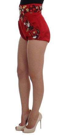 Dolce & Gabbana Womens Red Silk Crystal Roses Shorts Cotton