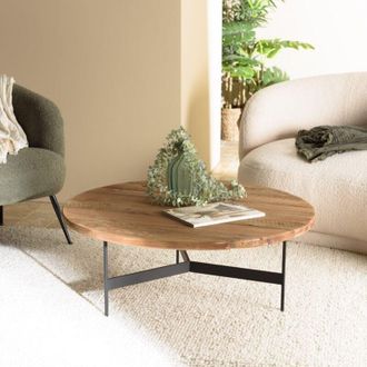 Macabane DANDY - Table basse ronde 90x90cm bois Pin recycl&eacute; et pieds m&eacute;tal noir