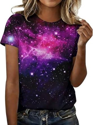 Generic T-shirt imprim&eacute; galaxie &agrave; manches courtes et col rond pour femme - T-shirt graphique doux et l&eacute;ger - Haut d&eacute;contract&eacute; pour festivals, voyages, gym, st