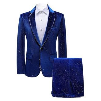Generic Costume 2 pi&egrave;ces en velours pour homme, coupe ajust&eacute;e, smoking &agrave; un bouton, pour d&icirc;ner, f&ecirc;te, robe formelle, costume &eacute;l&eacute;gant et brillant, bleu, XXL