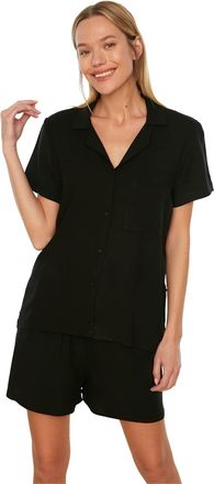 Trendyol Trendyol Damen Black Viscose Woven Kit Pajama Set, Schwarz, L EU